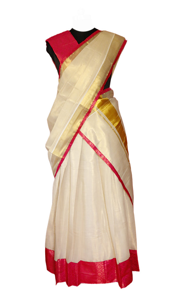 Pink Brocade bordered Kerala Tissue Kasavu Half Saree / Dhavani Set ...